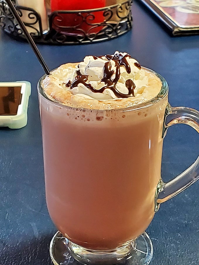 This isn't just hot chocolate—it's liquid comfort topped with a cloud of whipped cream. The chocolate drizzle is just showing off at this point.