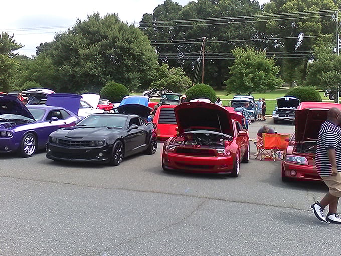 Even the parking lot becomes an impromptu car show, where modern muscle meets to pay homage to their ancestors inside.