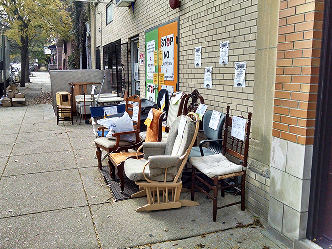 The sidewalk overflow—where larger treasures sunbathe while waiting for someone to recognize their potential and take them home.