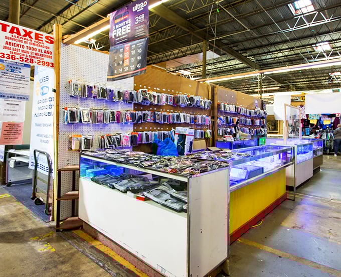 Tech accessories galore under blue LED lighting. Because even your smartphone deserves a wardrobe change occasionally.