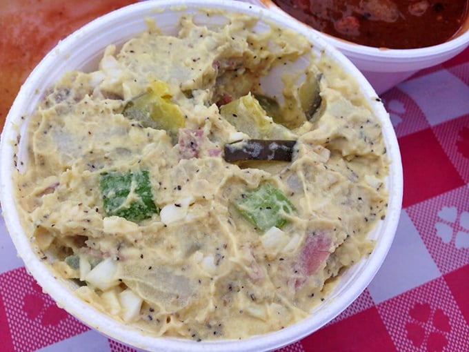 Potato salad that doesn't apologize for being potato salad—chunky, substantial, and seasoned by someone who clearly has strong opinions about proper side dishes.