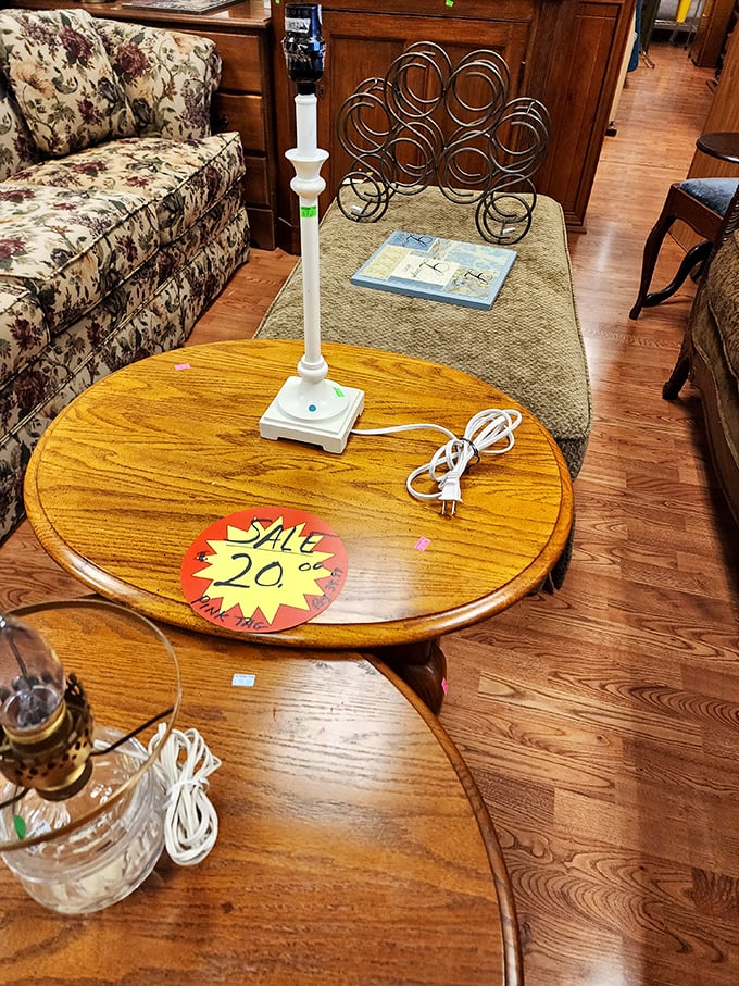Twenty dollars for this solid wood coffee table? The lamp throws in illumination as a bonus. Decorating has never been so affordable.