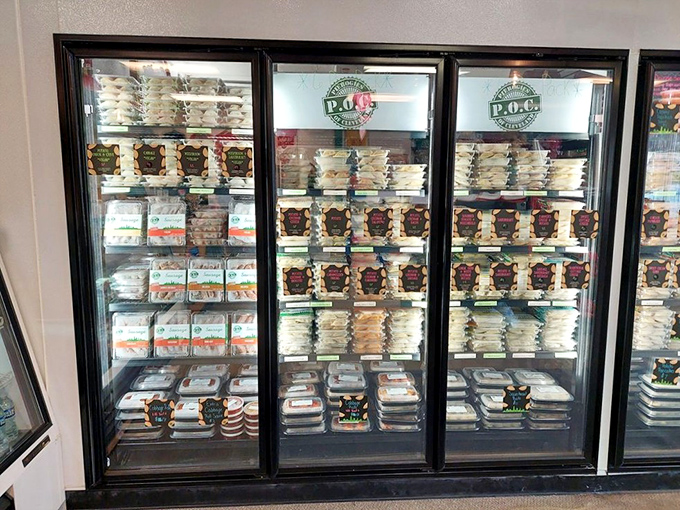 The refrigerated cases stand as a monument to convenience—rows upon rows of take-home pierogies waiting to rescue your dinner plans.