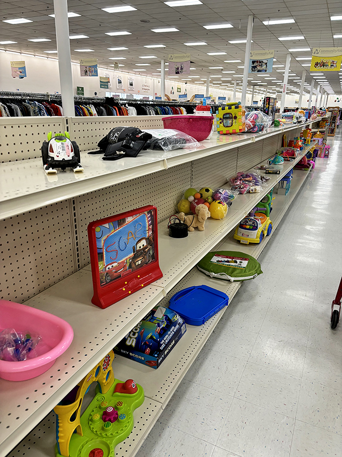 The toy section offers nostalgic treasures alongside modern classics, all waiting for second chances with new imaginative owners.