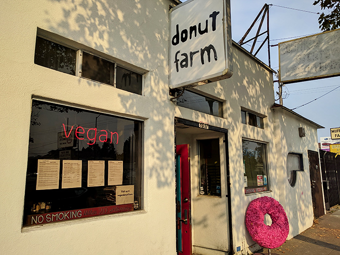 The "vegan" sign at Donut Farm isn't a warning – it's a promise that everyone deserves amazing donuts.