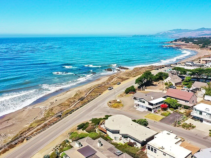 From above, Cambria's coastline reveals itself as a perfect marriage of blue Pacific and golden California shore—no prenup required.