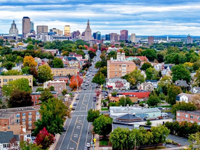 This aerial view reveals Meriden's perfect positioning—close enough to Connecticut's urban centers while maintaining its small-town affordability.