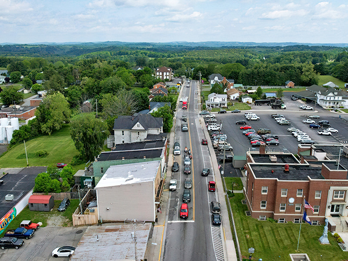 Bird's eye beauty! Floyd's main street cuts through rolling hills and farmland like a ribbon connecting past and present in this mountain haven.