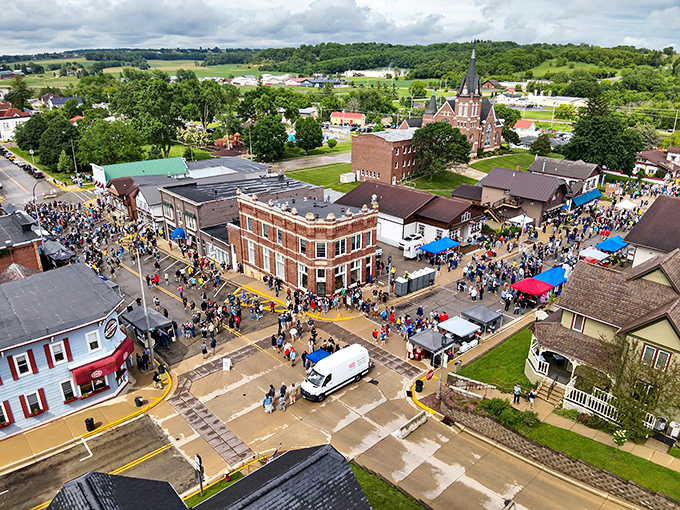 From above, New Glarus reveals itself as a perfect blend of festival energy and small-town charm – Switzerland's spirit alive in Wisconsin's heartland.