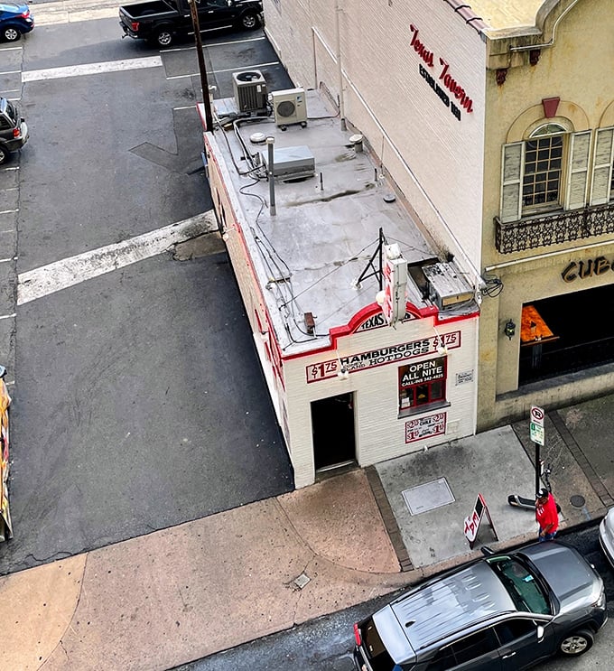 From above, Texas Tavern looks almost impossibly small—a David among restaurant Goliaths that's outlasted them all through sheer delicious determination.