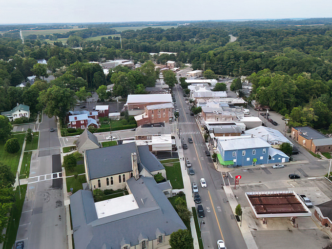 From above, Yellow Springs reveals itself as an island of civilization nestled within a sea of green—small in size but mighty in character.