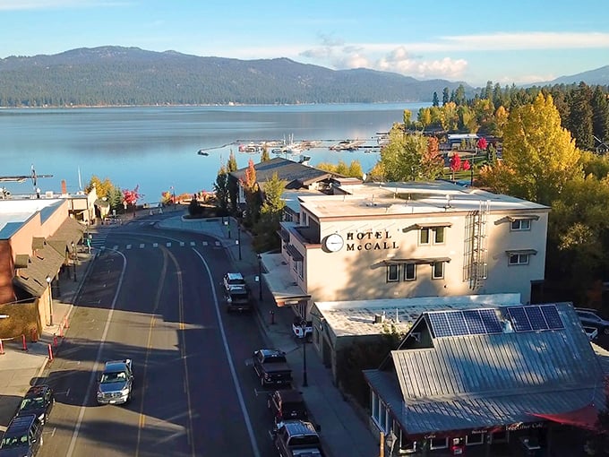 Bird's eye perfection – Hotel McCall stands sentinel over Payette Lake, where mountains meet water in a landscape that refuses to be ordinary.