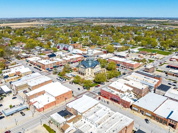 From above, Winterset reveals its perfect symmetry—a courthouse crowned with a dome, surrounded by a town that radiates outward like a community compass.