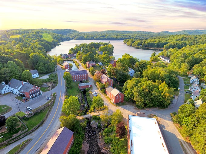 From above, Harrisville reveals its perfect symbiosis with the landscape—a village that doesn't impose on nature but converses with it.