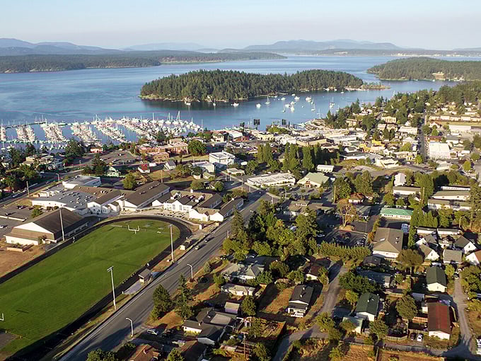 From above, Friday Harbor reveals its perfect proportions—a marina full of dreams, neighborhoods nestled in evergreens, and a community that's mastered the art of island living.