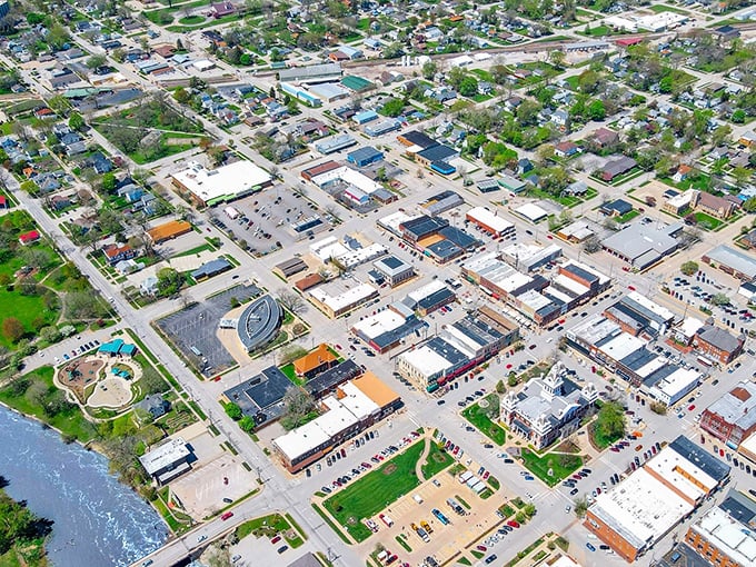 From above, Pontiac reveals itself as the perfect small town—compact, walkable, and nestled alongside the river that has shaped its story for generations.