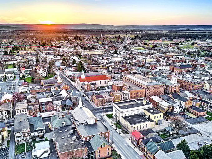 From above, Gettysburg reveals itself as a perfect patchwork of history and modernity. Sunset gilds the town that changed America forever.