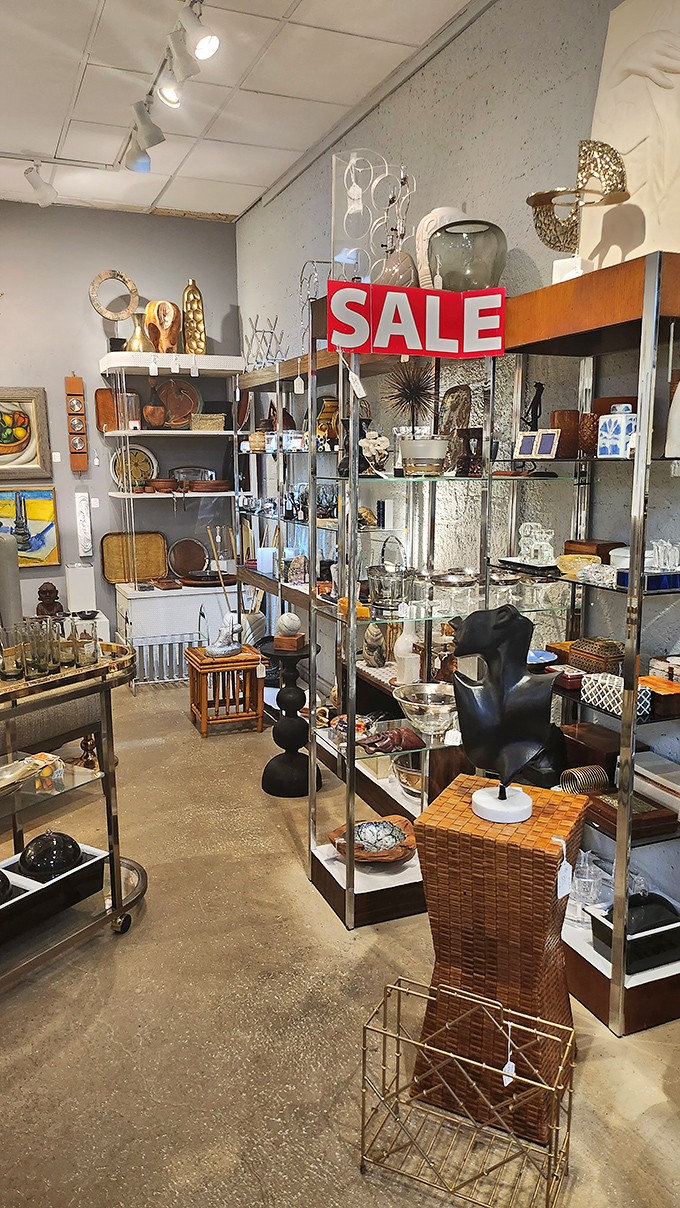 Modern gallery meets vintage treasure trove in this curated corner. Clean lines and artful displays elevate thrifting from bargain hunting to design discovery.
