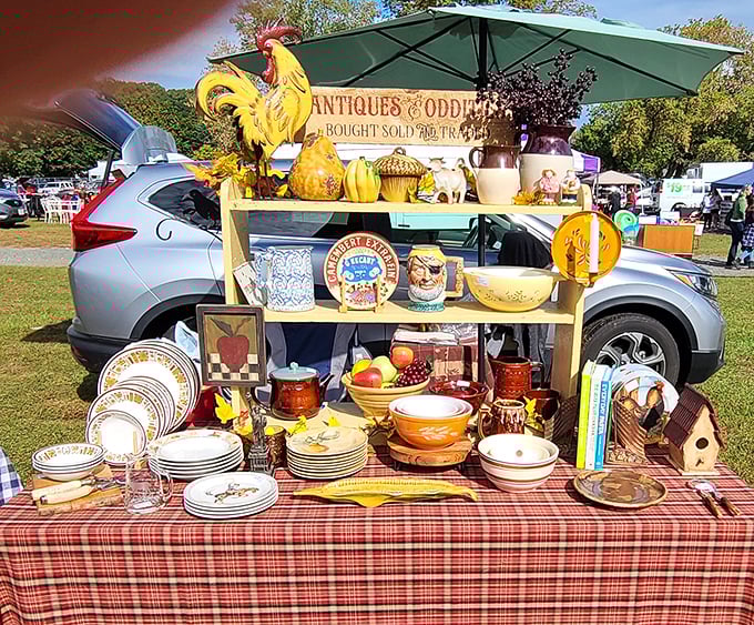 Vintage dishware arranged with gallery-worthy precision. Your grandmother's china pattern is here somewhere, guaranteed to trigger Sunday dinner memories.