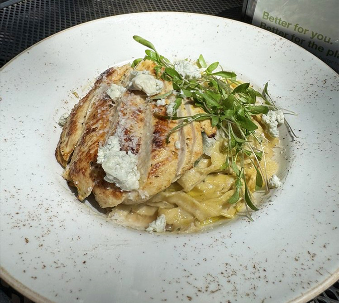 Fettuccine that's dressed better than most people at a wedding, with chicken and blue cheese playing the delicious co-stars.