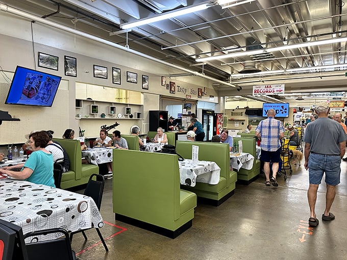 The café's mint-green booths offer weary shoppers a perfect pit stop. After all, treasure hunting requires proper fueling and strategic planning sessions.