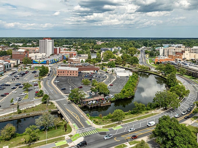 This aerial view reveals Salisbury's perfect balance—urban amenities nestled among green spaces, with the Wicomico River tying it all together like nature's ribbon.