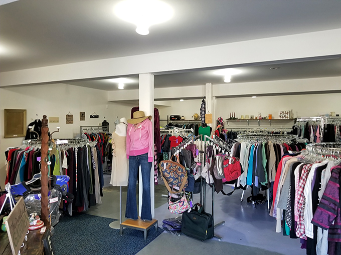 The clothing department's mannequin sporting wide-leg jeans proves that fashion comes full circle—and you can catch the return at consignment prices.