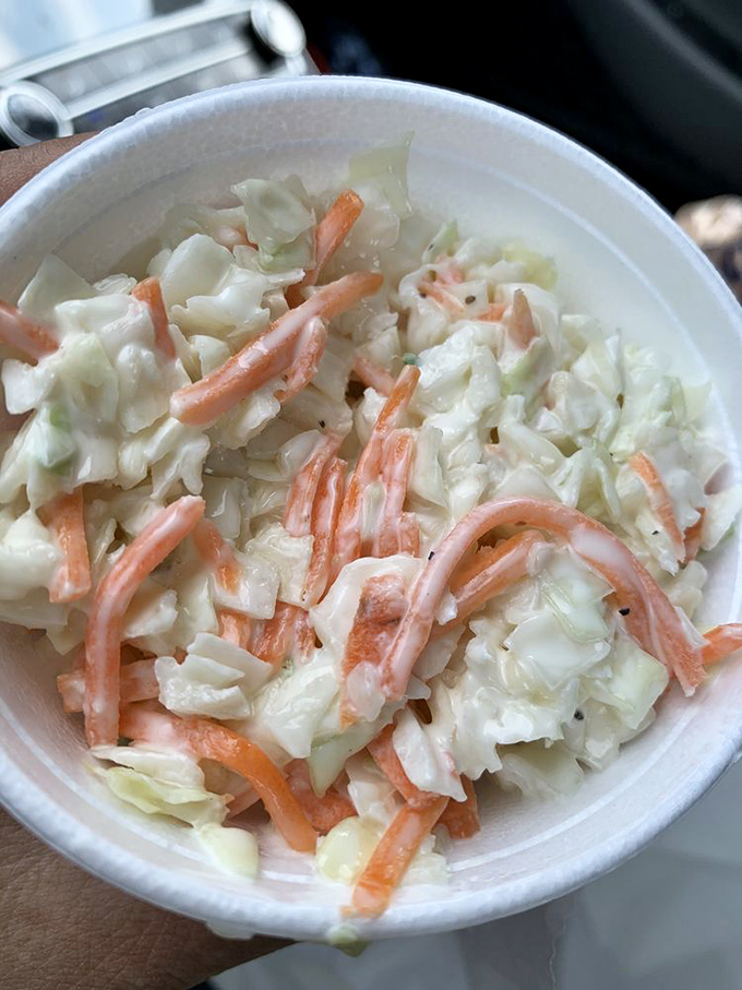 The coleslaw – that perfect cool, creamy counterpoint to a hot burger. Simple, honest, and exactly what your grandmother would approve of.
