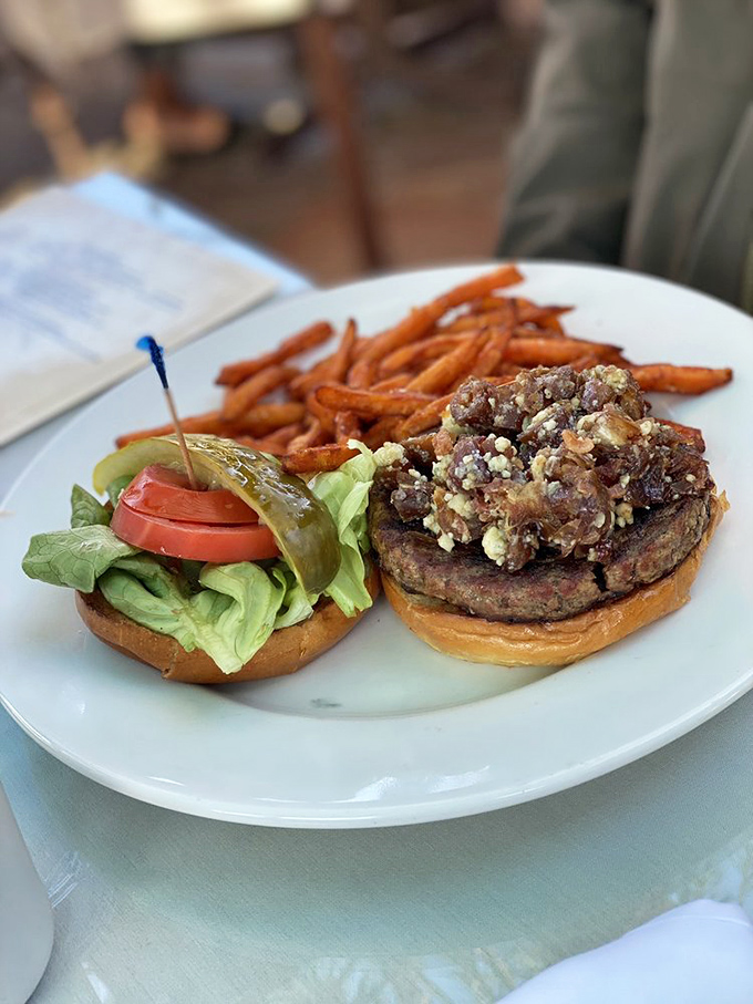 This isn't just any burger—it's topped with what appears to be a date-infused relish. Desert innovation between two buns!