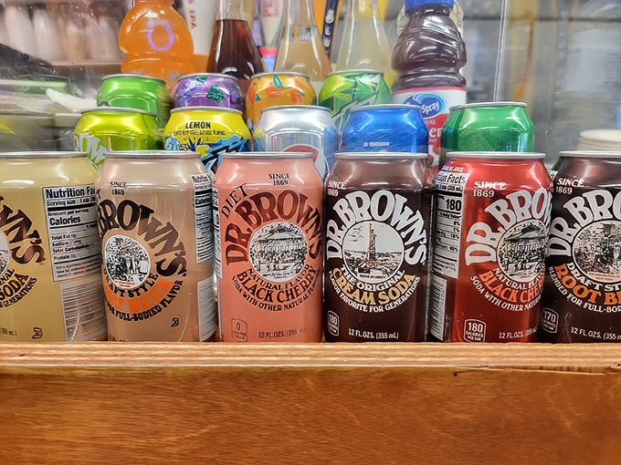 Dr. Brown's sodas line up like old friends at a reunion – Cel-Ray, Black Cherry, and Cream Soda waiting to wash down your pastrami with vintage charm.