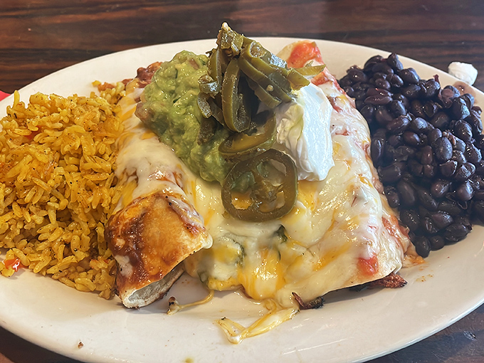 This enchilada doesn't just sit on the plate—it lounges luxuriously under a blanket of melted cheese, with rice and beans as faithful companions.