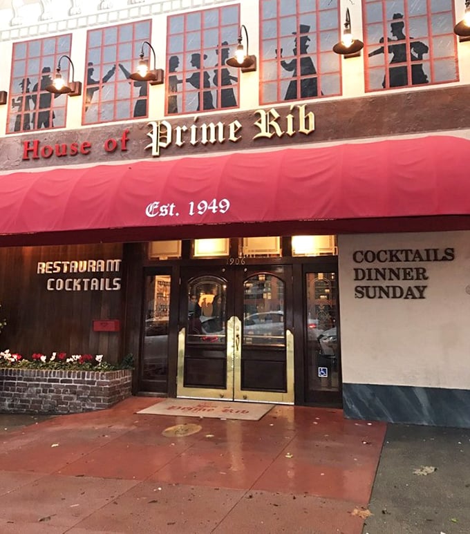 The entrance promises what lies within—a San Francisco institution where the silhouettes in the windows hint at decades of memorable meals and celebrations.