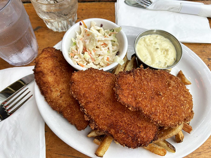 Golden-brown fish and chips with coleslaw and tartar sauce—a plate that whispers "you made the right choice" with every crunchy, flaky bite.