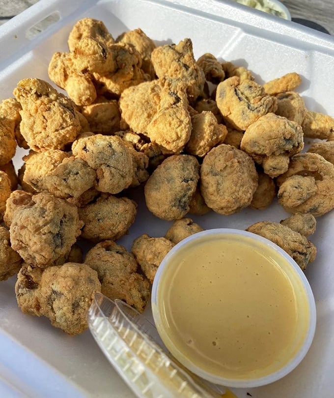 These golden-fried mushrooms aren't just appetizers—they're little umami bombs waiting to explode with flavor, complete with dipping sauce detonator.