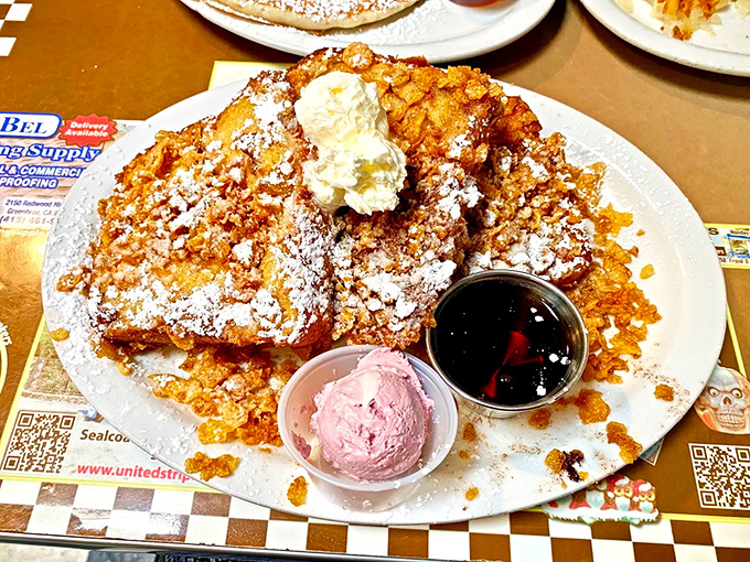 Frosted Flakes French toast – because childhood cereal deserves a grown-up makeover with serious style.