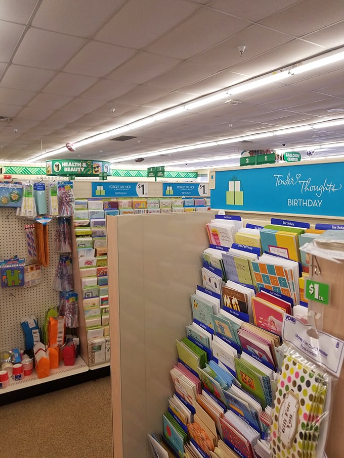 The greeting card section proves thoughtfulness doesn't require a small loan—"Tender Thoughts" indeed for just a dollar.