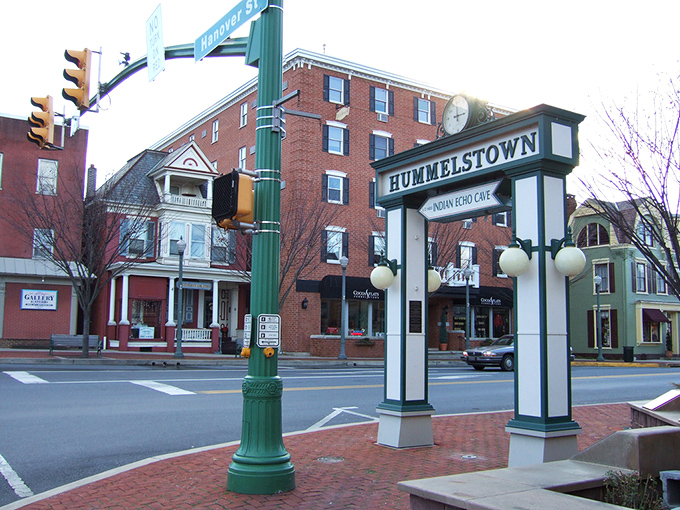 The iconic Hummelstown square gateway stands as both welcome mat and farewell handshake, marking the entrance to a town that's impossible to visit just once.