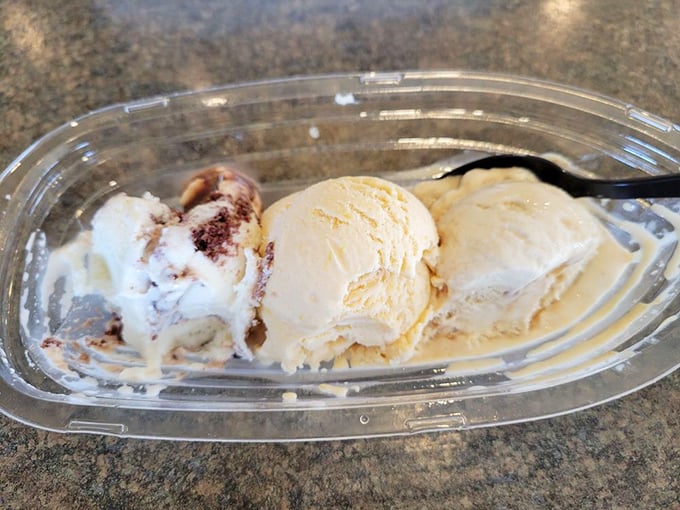Ice cream that understands the meaning of generosity. Three perfect scoops nestled together like old friends catching up over coffee—except they're dairy and delicious.