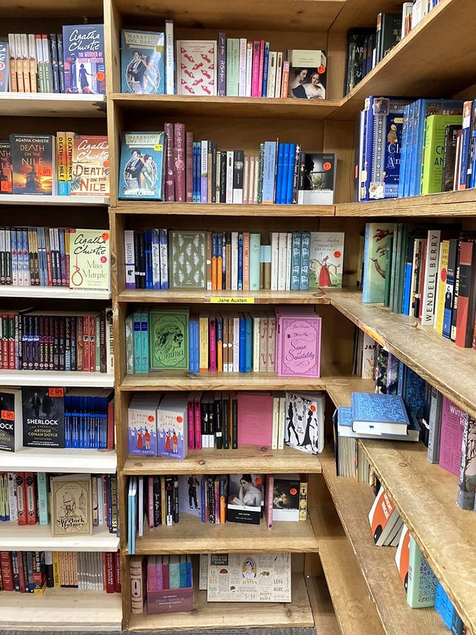 The mystery section showcases colorful editions of Agatha Christie classics. These shelves have probably solved more rainy weekends than any detective on their pages.