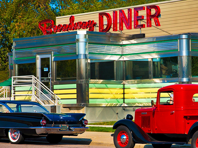 The Broadway Diner's gleaming retro exterior promises comfort food served without pretentious descriptions or artisanal price tags. Just honest deliciousness on a plate.