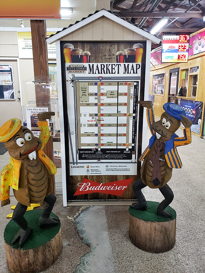 Market mascots guard the sacred map like quirky sentinels. These wooden critters have seen things—mostly confused tourists trying to find the bathroom.