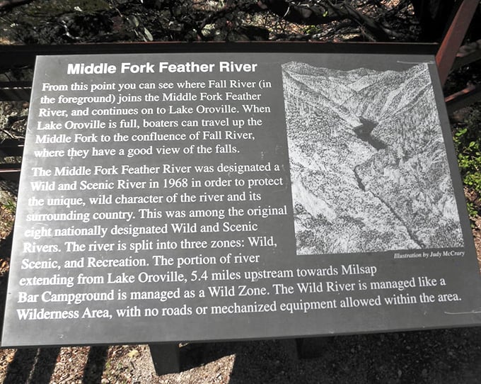 The Middle Fork Feather River sign tells the story of wild waters and conservation efforts—proof that sometimes the best attractions come with a history lesson.