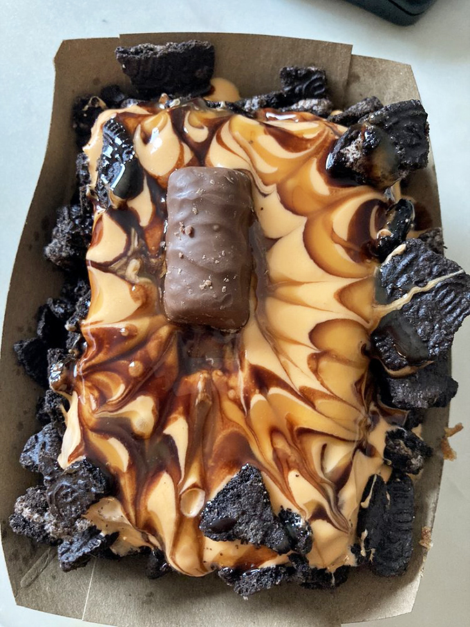 This chocolate creation looks like it was designed by Willy Wonka himself. Part brownie, part cinnamon roll, all delicious madness.