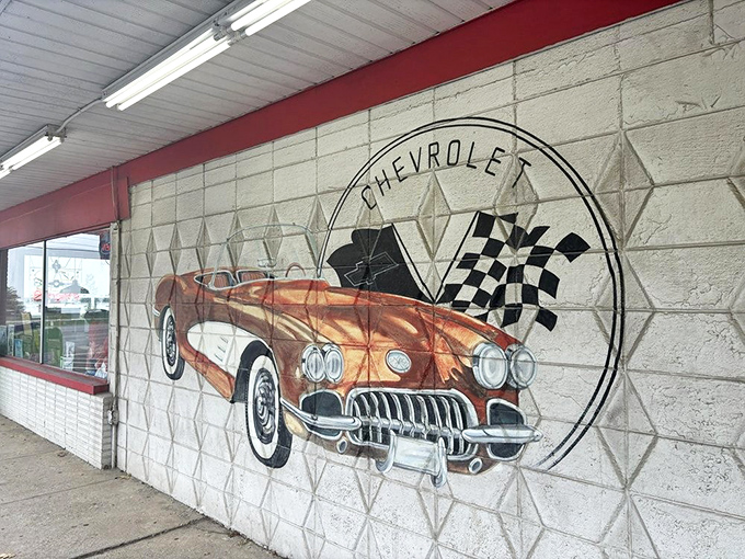 That Corvette mural isn't just decoration – it's a promise of the American classics waiting inside. Appetite required, nostalgia included at no extra charge.