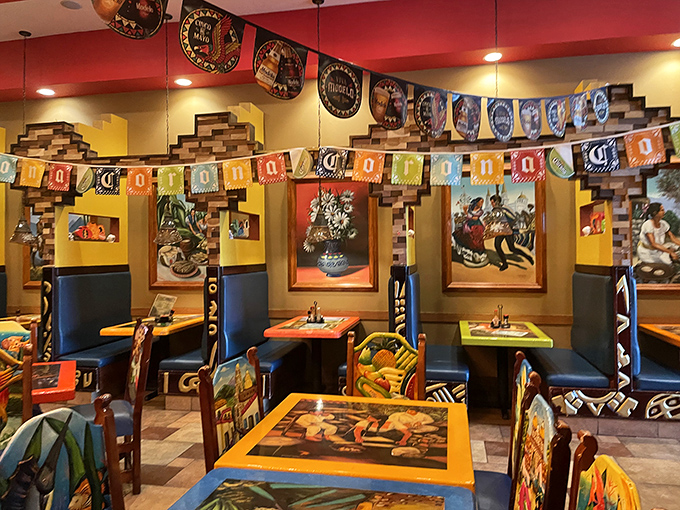 The dining room's festive décor and colorful banners create an atmosphere where calories don't count and another round of chips is always a good idea.
