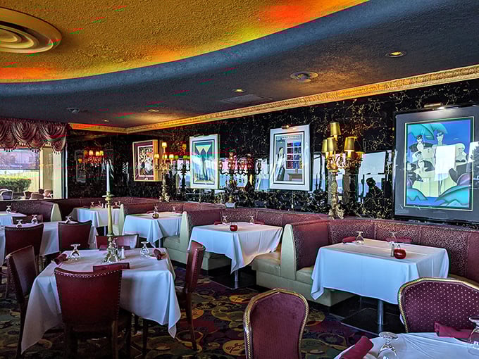 The dining room's dramatic ceiling, ornate moldings, and plush seating create the feeling that dinner isn't just a meal—it's a grand occasion worth celebrating.