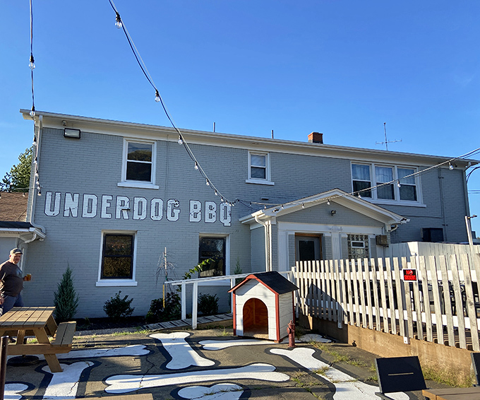 The outdoor patio features a dog house and bone-shaped pathway—because even in your leisure time, Underdog keeps its playful theme going strong.