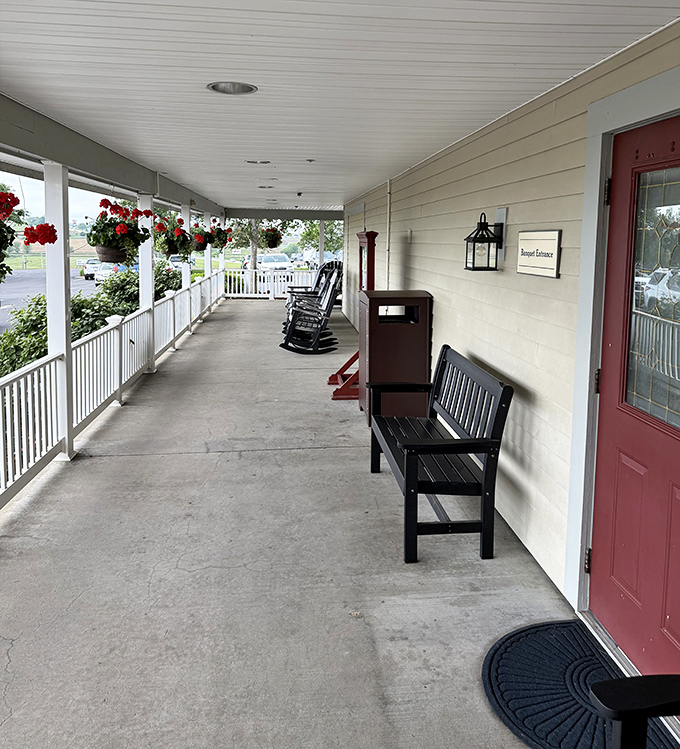 The front porch—complete with rocking chairs—where you'll contemplate whether you have room for one more slice of pie. (Spoiler: you do.)