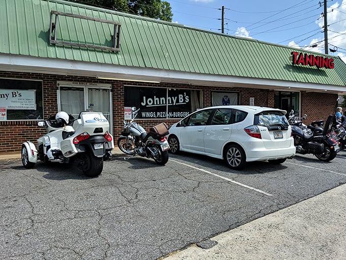 The parking lot tells the whole story—motorcycles, family cars, and everything in between. Good food knows no demographic boundaries.