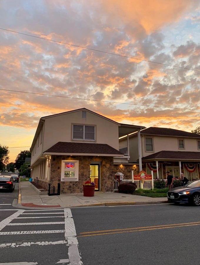 As the sun sets on Bomboy's stone façade, the real magic begins. Evening light transforms this candy shop into a storybook ending to a perfect day.